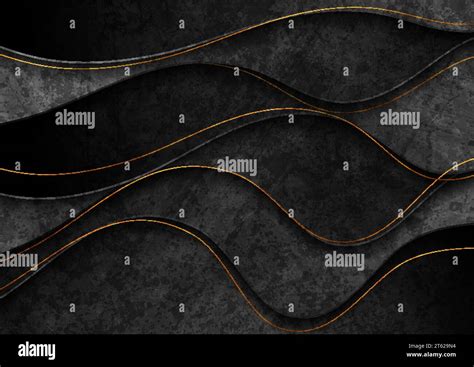 Black Grunge Corporate Abstract Wavy Background With Golden Lines