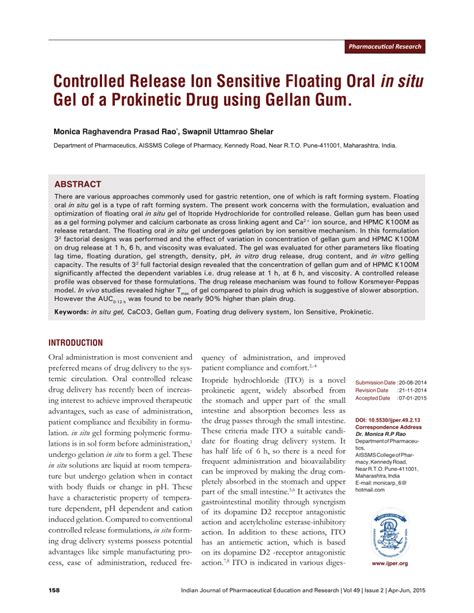 Pdf Controlled Release Ion Sensitive Floating Oral In Situ Gel Of A Prokinetic Drug Using