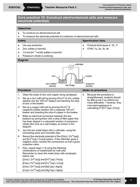 A Level Chemistry Core Practical 10 Electrochemical Cells Pdf Electrochemistry Zinc