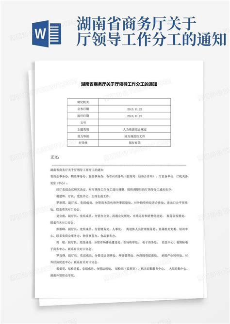 湖南省商务厅关于厅领导工作分工的通知 Word模板下载编号qazkynez熊猫办公