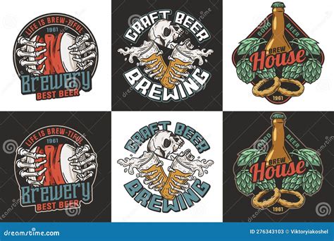 Beer Set Of Emblems With Skull And Hop Skeleton With Beer Can In Bone
