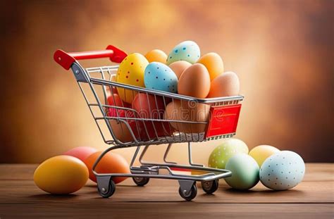 Easter Concept Grocery Cart With Colorful Easter Eggs On An Orange Background Close Up Layout