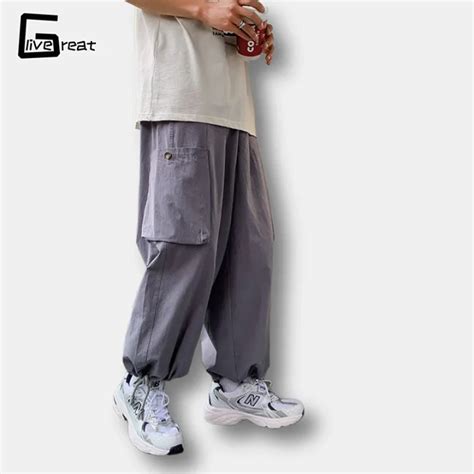Live Great กางเกงวอร์ม ผู้ชายสไตล์ฮ่องกงหลวมกางเกงลำลองผู้ชายหลวมญี่ปุ่นกางเกงขากว้างอินเทรนด์
