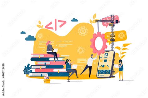 App Development Concept In Flat Style Developers Team Creating Mobile