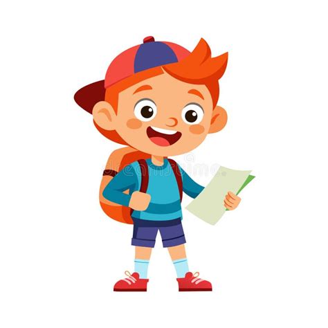 Feliz Cartoon Boy Com Imagem Vetorial Do Mapa De Leitura Do Backpack