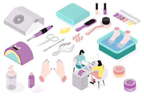 매니큐어 살롱 3d 아이소 메트릭 메가 세트 아이소메트리 그래픽 디자인 램프 가위 브러시 수건 매니큐어 색상 샘플 손 매니큐어사 기타 도구의 수집 요소 벡터 일러스트 레이