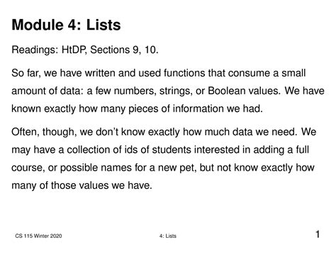 Module 4 Lists Lecture Note Module 4 Lists Readings Htdp
