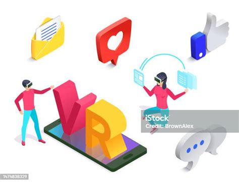 아이소메트릭 가상 사랑 스마트 폰을 사용하여 통신하는 가상 현실 안경의 남성과 여성 남성과 여성 캐릭터 그래픽 사용자 인터페이스에 대한 스톡 벡터 아트 및 기타 이미지