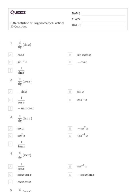 50 Derivatives Of Trigonometric Functions Worksheets For 9th Class On