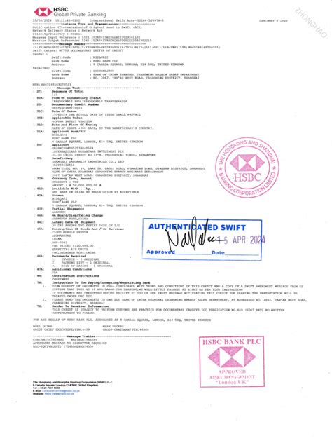 Swift Mt 700 Dlc Hsbc Uk To Boc 0001 Zhong T Pdf