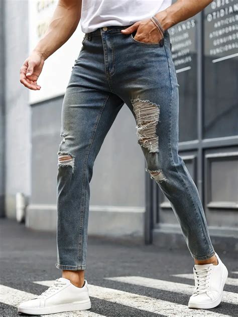 Slim Fit Ripped Cotton Jeans Mens Casual Street Style Temu Netherlands