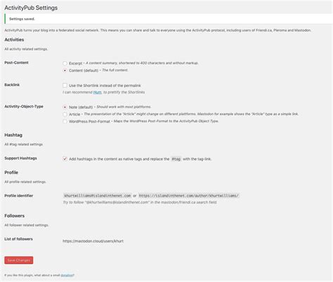 Installed And Configured ActivityPub For WordPress Island In The Net