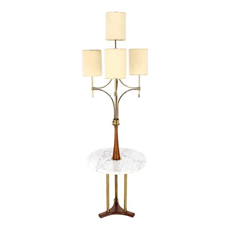 Mid Century Modern Walnut Brass Floor Lamp On Round Marble Side Table