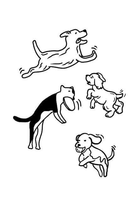 Perros Saltando Vector De Contorno De Dibujo Vector Premium