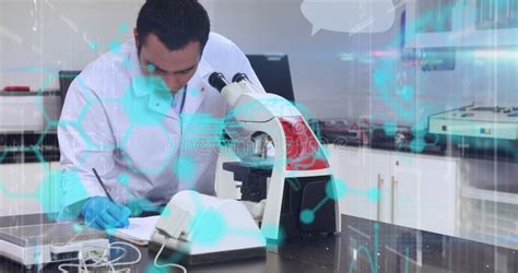Image Of Scientific Data Over Caucasian Male Worker Using Microscope Stock Image Image Of