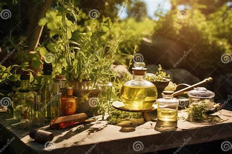 Essential Oil Bottles And Flowers Herbs In Garden Flowers Harvesting