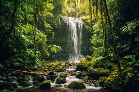 Hidden Jungle Waterfall Concealed Cascading Stream Stock Illustration