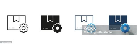 기어 라인과 실루엣 아이콘이 설정된 소포 배송 주문 픽토그램 배송 서비스 설정 기호입니다 톱니 바퀴와 골판지 상자 기호 편집 가능한 획 고립된 벡터 일러스트 레이 션 검은
