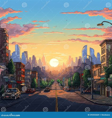 Stunning Bit Pixel Art Cityscape With Naturalistic Landscape Background Royalty Free Stock