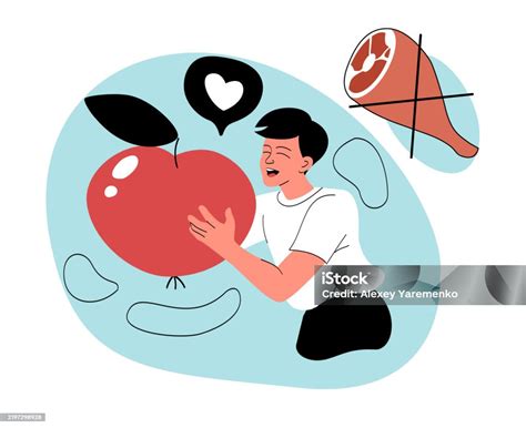 사과를 곁들인 비건 큰 사과를 가진 남자 젊은 남자는 고기를 거부합니다 건강한 식습관과 적절한 식단 및 영양 섭취 신선한 과일과 채소 천연 및 유기농 제품 선형 벡터 그림