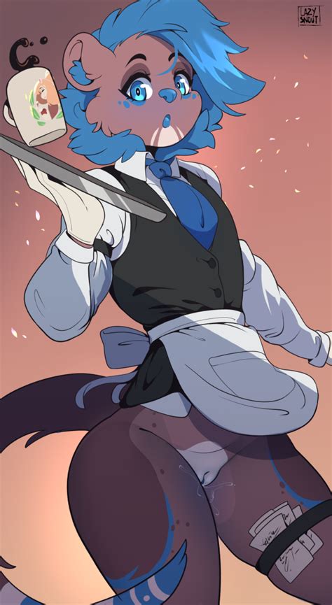 Rule 34 Andromorph Anthro Apron Beverage Blue Eyes Blue Hair Bodily