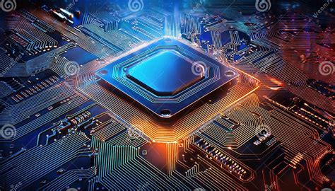 Vibrant Abstract 3d Render Of Cpu Chip On Motherboard Showcasing Intricate Circuit Patterns And