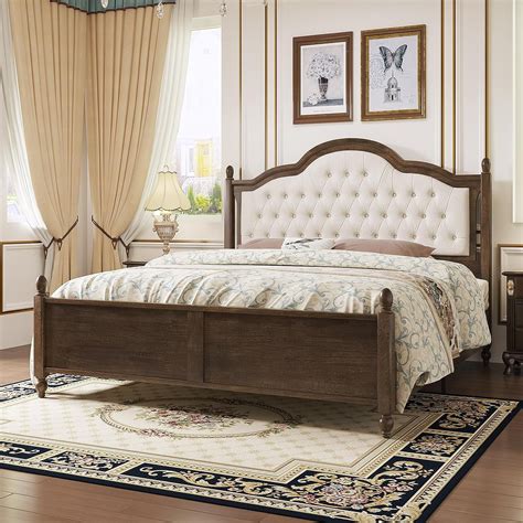 Luxoak Queen Size Solid Wood Bed Frame With Upholstered Headboard Wood