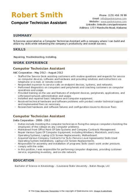 Computer Technician Assistant Resume Samples Qwikresume