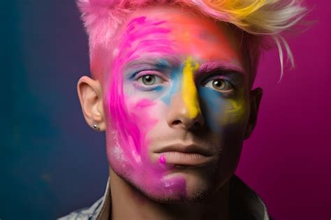 Premium Photo A Man With Pink Hair And A Blue Shirt With The Word Pink On It