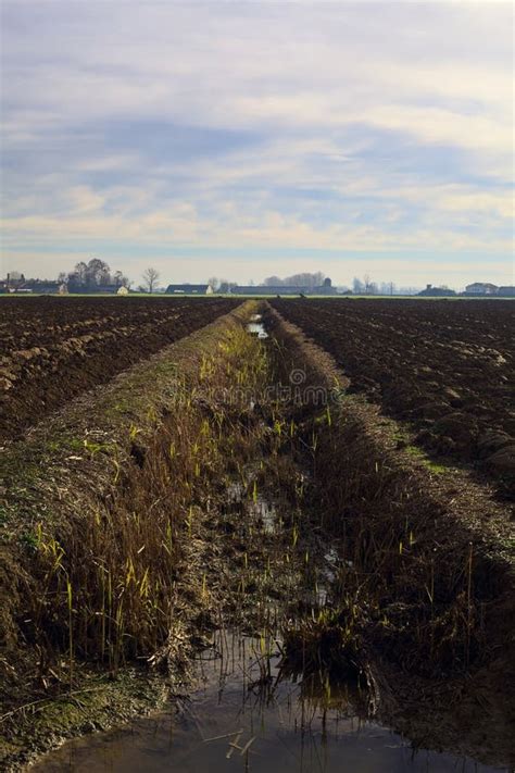 Canal De Riego En Un Campo Arado En El Campo Italiano Foto De Archivo