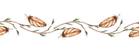 버드나무 수풀 및 깃털의 완벽한 테두리 수평 패턴 손으로 그린 식물 수채화 그림은 흰색 배경에 고립되어 있습니다 클립 아트 인사말 카드 초대장 패키지용 가지 식물 부위에