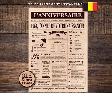 Affiche 1964 Belgique Affiche Année De Naissance Anniversaire 60 Ans