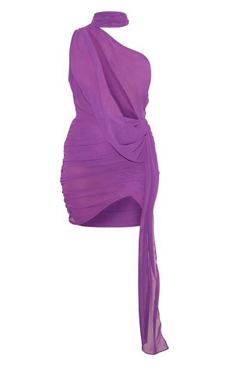 Robe Moulante Asymétrique Drapée En Mousseline De Soie Violette À