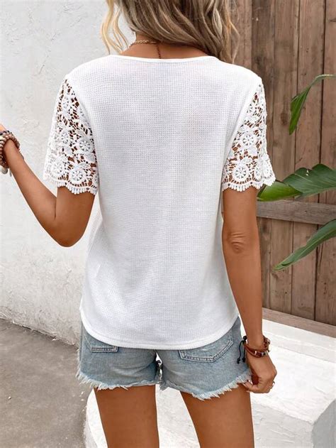 Shein Lune Contrast Guipure Lace Notched Neck Tee Shein Usa
