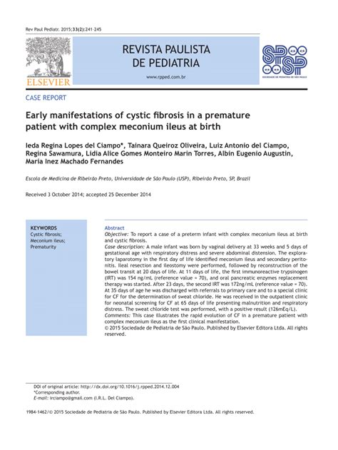 Pdf Early Manifestations Of Cystic Fibrosis In A Premature Patient