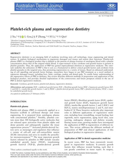 PDF PlateletRich Plasma And Regenerative Dentistry