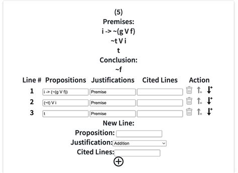 Solved 5 Premises Conclusion ∼f Line Propositions