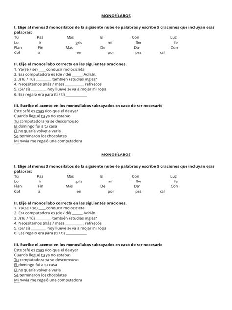 Ejercicios Prácticos De Monosílabos Pdf