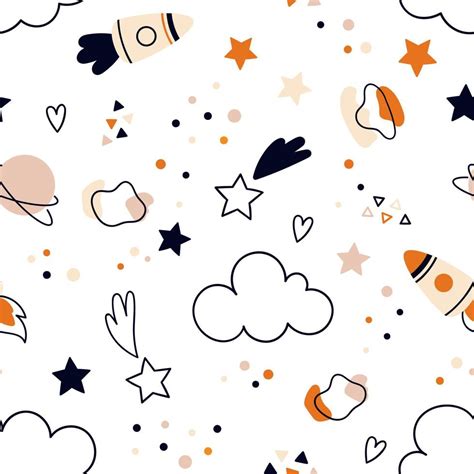 Cute Space Pattern With Rockets And Stars Seamless Vector In Doodle