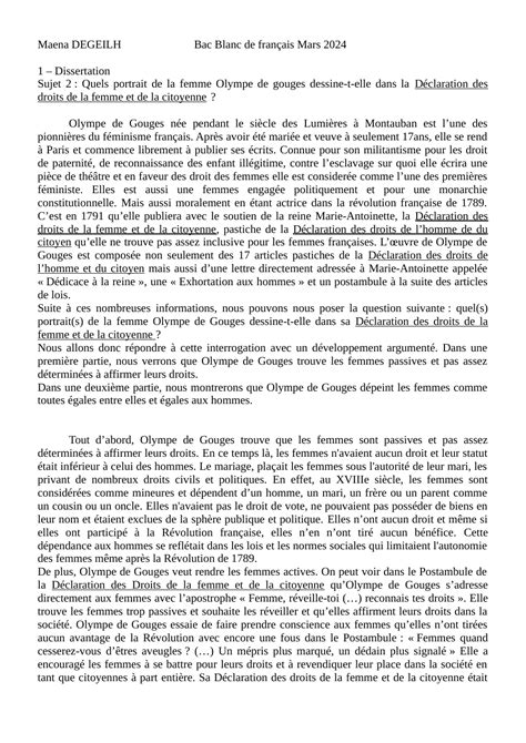 Sujet 2 Quels Portrait De La Femme Olympe De Gouges Dessine T Elle Dans La Déclaration Des