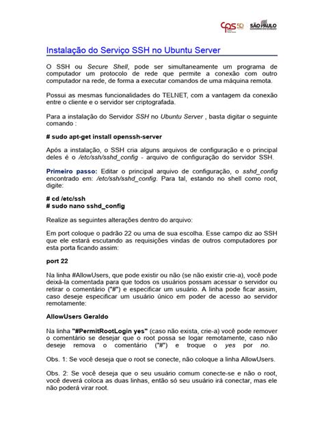 Aula 04 Instalação Do Serviço Ssh Pdf Cápsula Segura Redes De Computadores