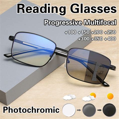 4 In 1 Photochromic Progressive Multifocal Reading Glasses Anti Blue Light Presbyopia Glasses