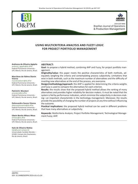 Pdf Using Multicriteria Analysis And Fuzzy Logic For Project Portfolio Management