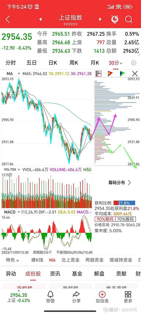 新低可能性增加了 20240104 上证指数 缠论分析今天继续下探， 深成指 明天估计就要新低了！上证指数在2936短期获得了支撑有所反弹