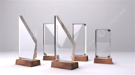 Realistic 3d Render Of Glass Award Trophy With Wooden Pedestal Front View Mockup Featuring Blank