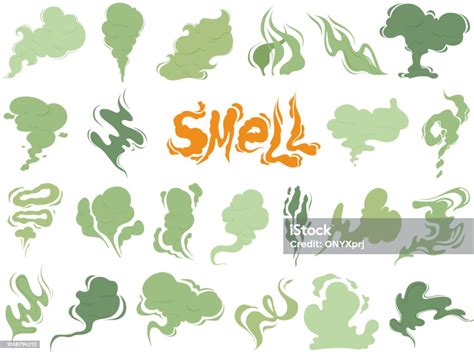 나쁜 냄새입니다 담배 연기 구름을 증기 또는 오래 된 식품 벡터 만화 아이콘 요리 만료 불쾌한 냄새에 대한 스톡 벡터 아트 및