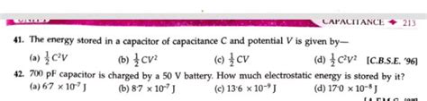 The Energy Stored In A Capacitor Of Capacitance C And Potential V Is Give