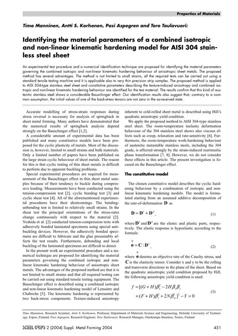 Pdf Identifying The Material Parameters Of A Combined Isotropic And Non Linear Kinematic