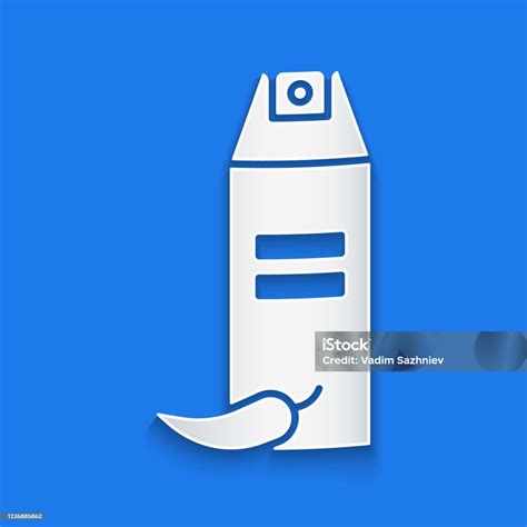 파란색 배경에 분리 된 종이 컷 후추 스프레이 아이콘 Oc 가스 고추 자기 방어 에어로졸 종이 아트 스타일입니다 벡터