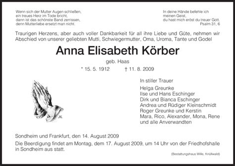 Traueranzeigen Von Anna Elisabeth Körber Trauer Hna De
